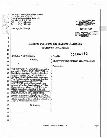 Plf's Notice of Related case-conformed copy - Judicial Watch