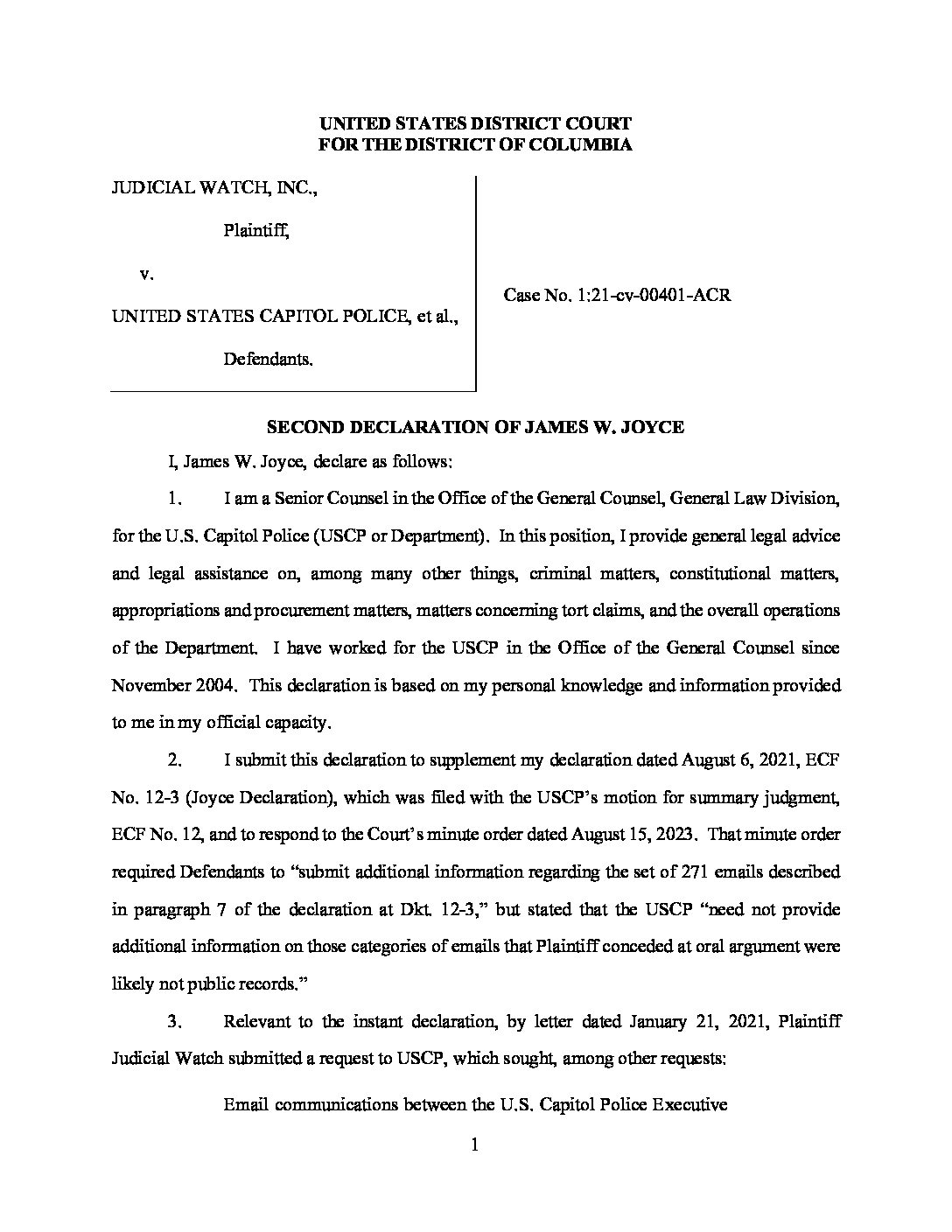 JW v US Capitol Police Declaration James W. Joyce 00401 | Judicial Watch