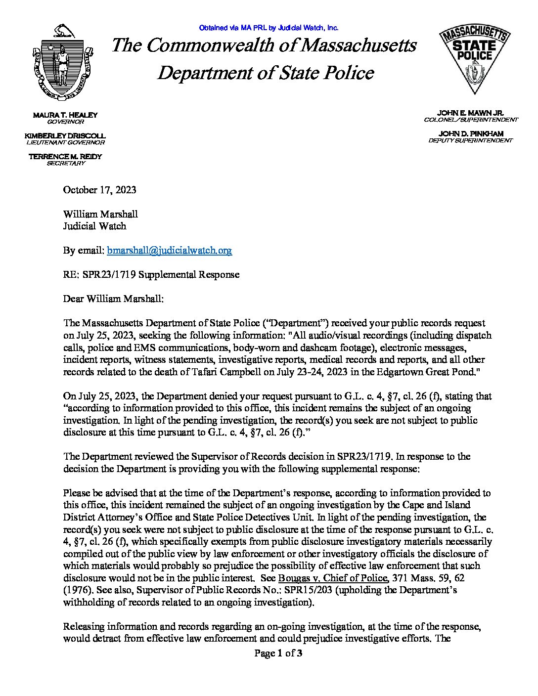 Mass State Police Obama Chef Tafari Campbell October 2023 pgs 1-3 | Judicial Watch