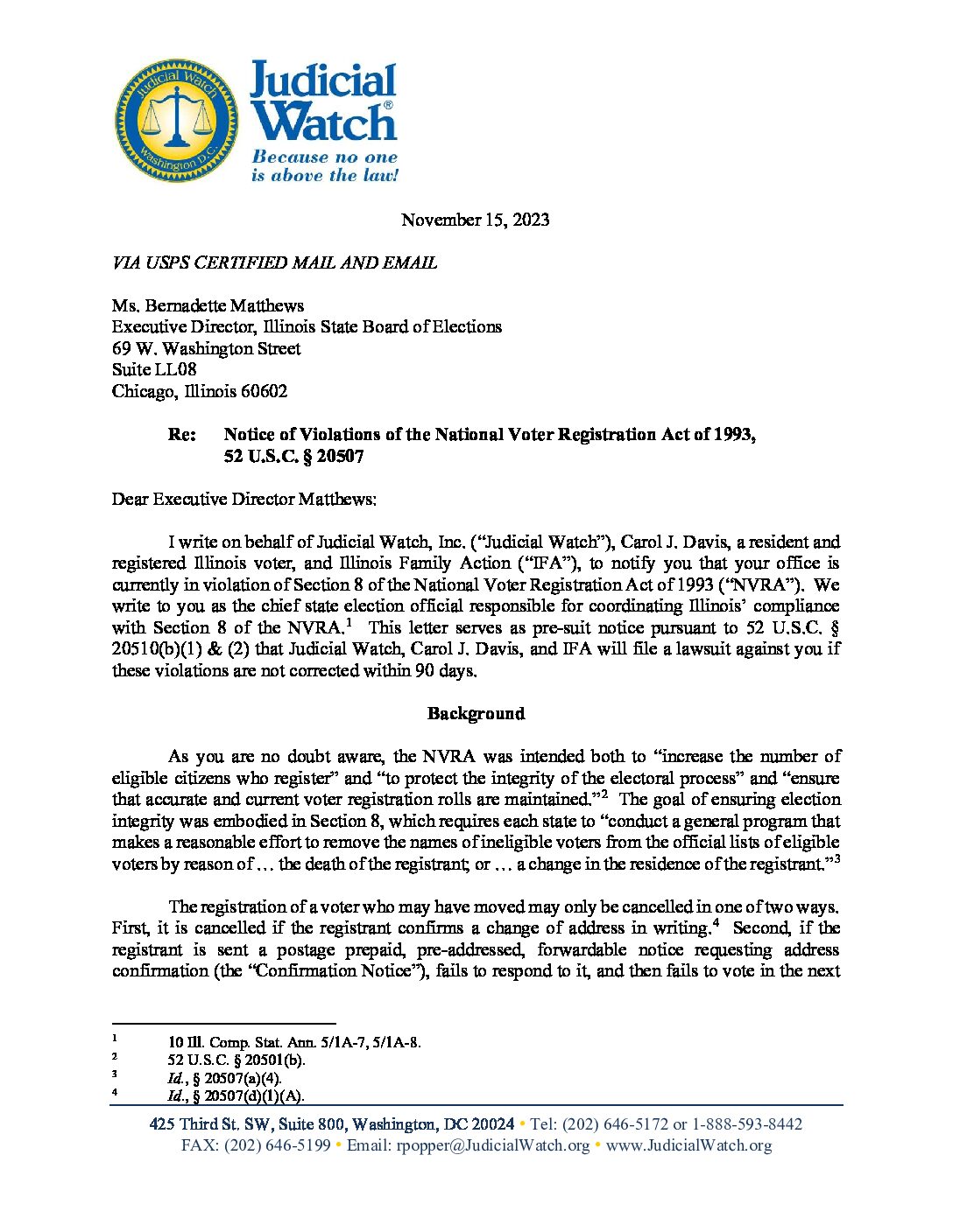 NVRA IL Statutory Notice Letter Nov 2023 | Judicial Watch