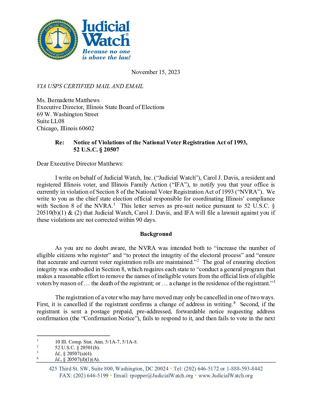 NVRA Notices of Violation November 2023 | Judicial Watch