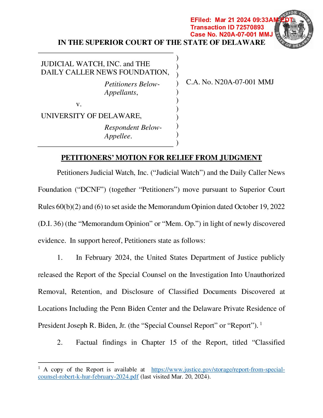 JW v U Delaware Relief from Judgment 001 | Judicial Watch