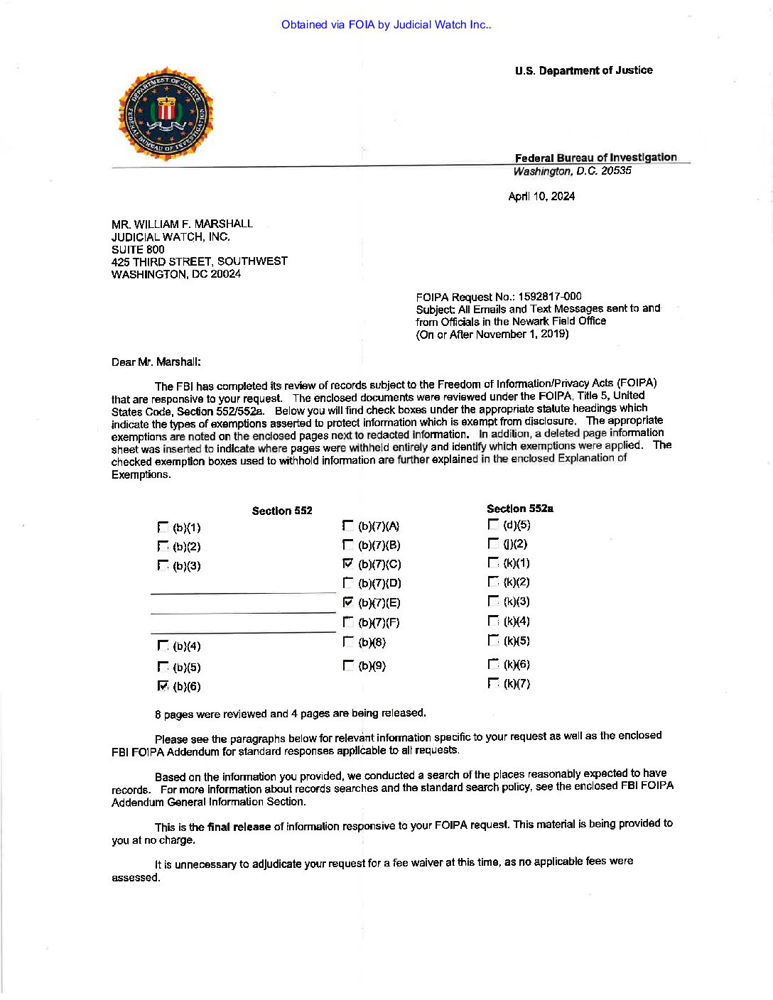 FBI NIH Gain of Function April 2024 | Judicial Watch