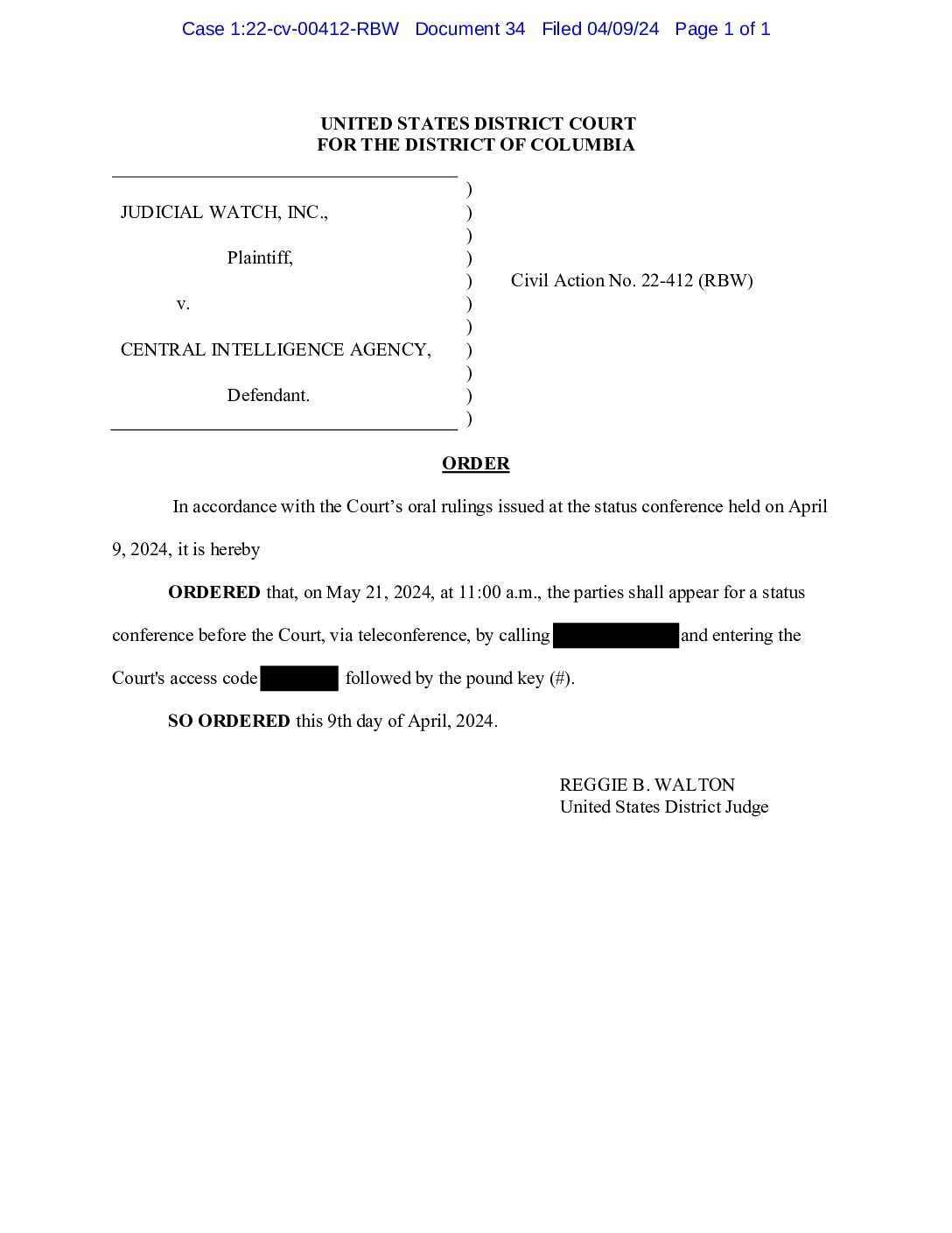 JW v CIA Sussmann May hearing order | Judicial Watch