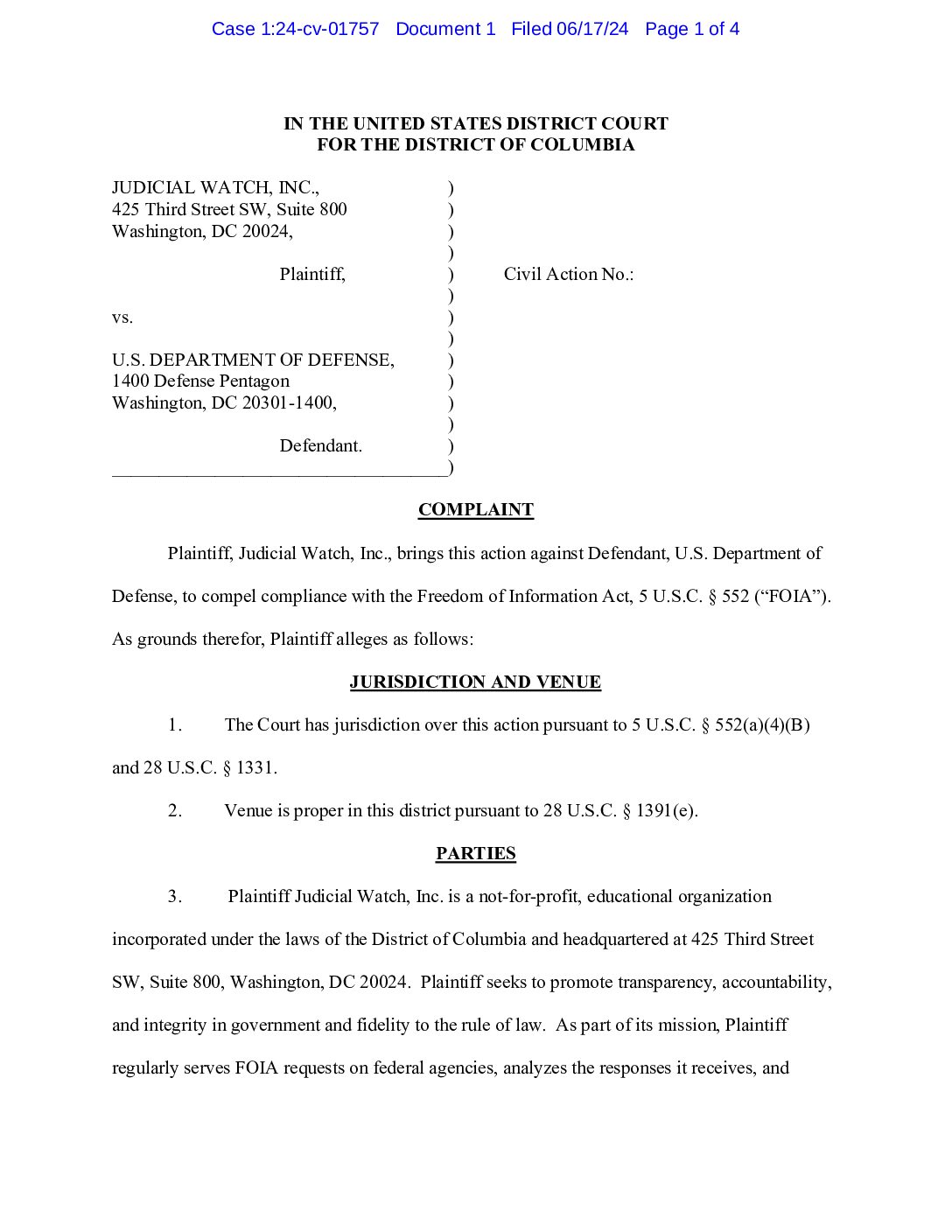 JW v. DOD West Point complaint 01757 | Judicial Watch