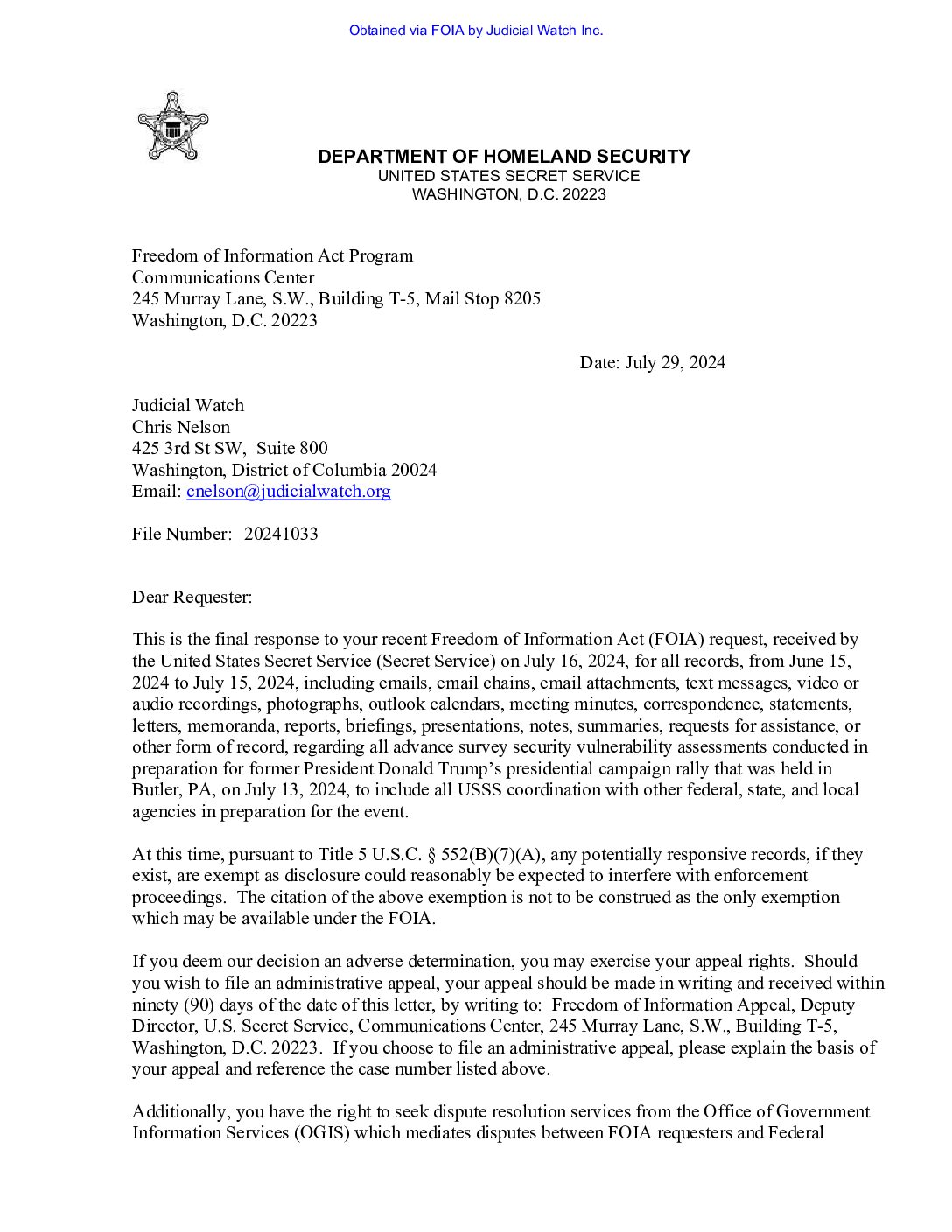 USSS Trump Assassination Attempt Records Denial | Judicial Watch