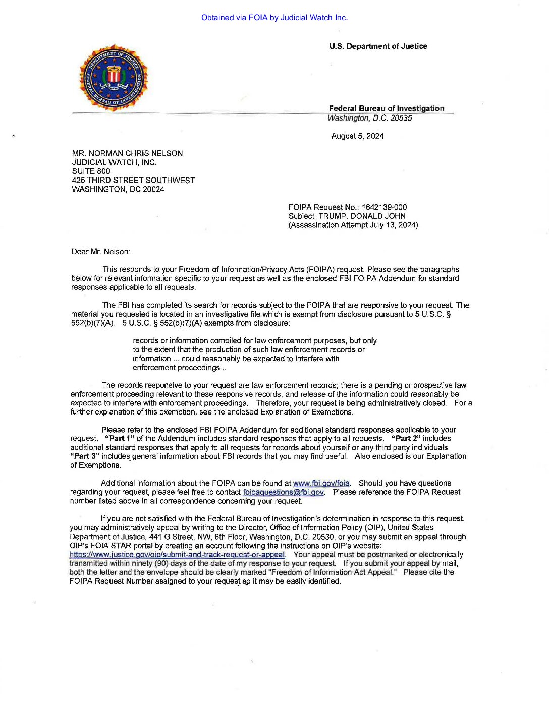 JW v FBI Trump Assassination Attempt Records Denial | Judicial Watch