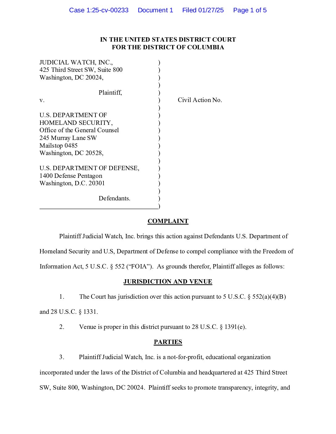 JW v DHS Harris Travel complaint 00233 | Judicial Watch