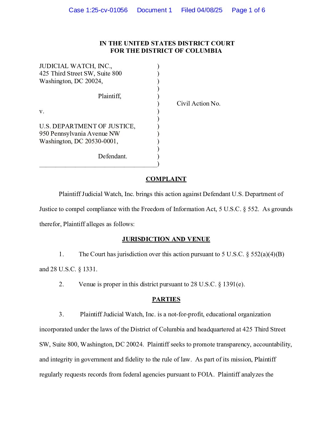 JW v DOJ Epstein Files complaint 01056 | Judicial Watch